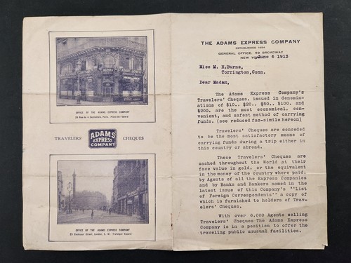 1913 antique ADAMS EXPRESS COMPANY ny AD LETTER torrington ct M H BURNS ...