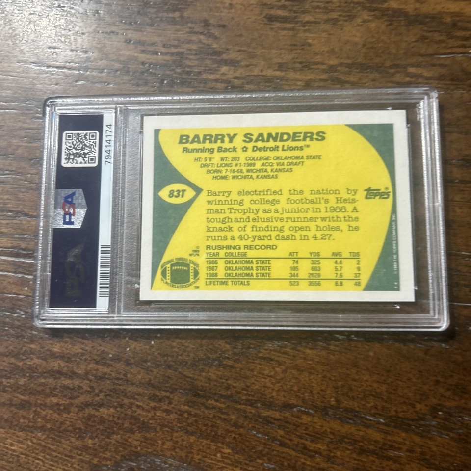 BARRY SANDERS 1989 Topps Traded RC Rookie #83T PSA 10 Gem Mint Lions ...