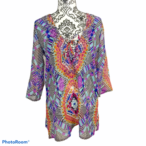 Raviya Womens Geometric Beads Embroidered Swimwear Cover Up Tunic Small ...