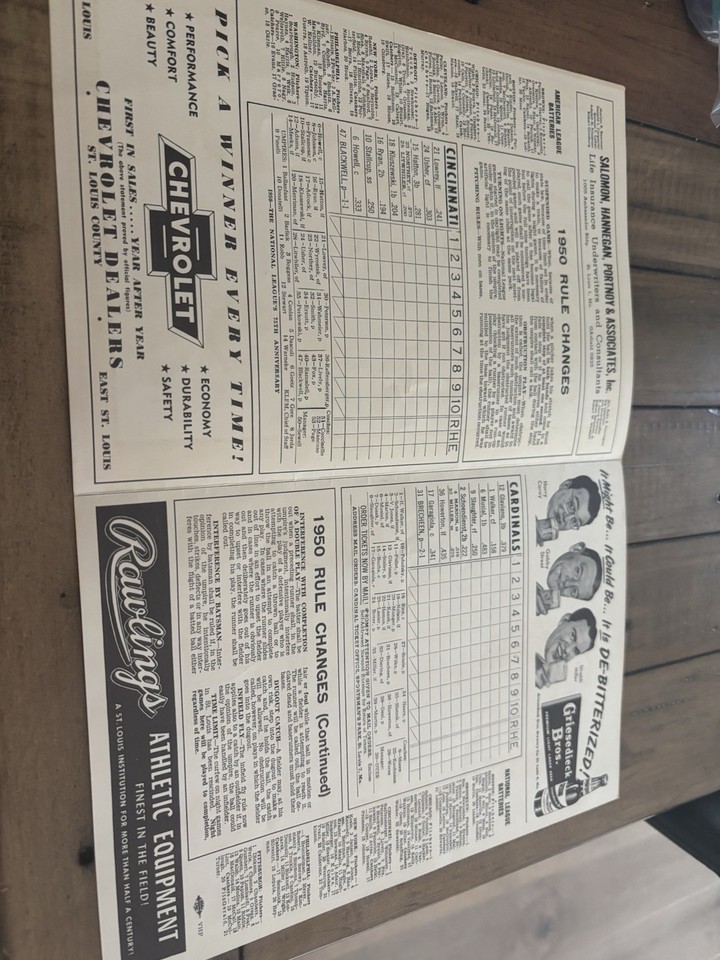 VTG 1950 ST LOUIS CARDINALS VS CINCINNATI REDS SCORECARD - STAN THE MAN ...
