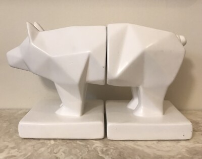 Cubist Pair of Bookends Pig Animal Smooth Surface White Ceramic Modern ...