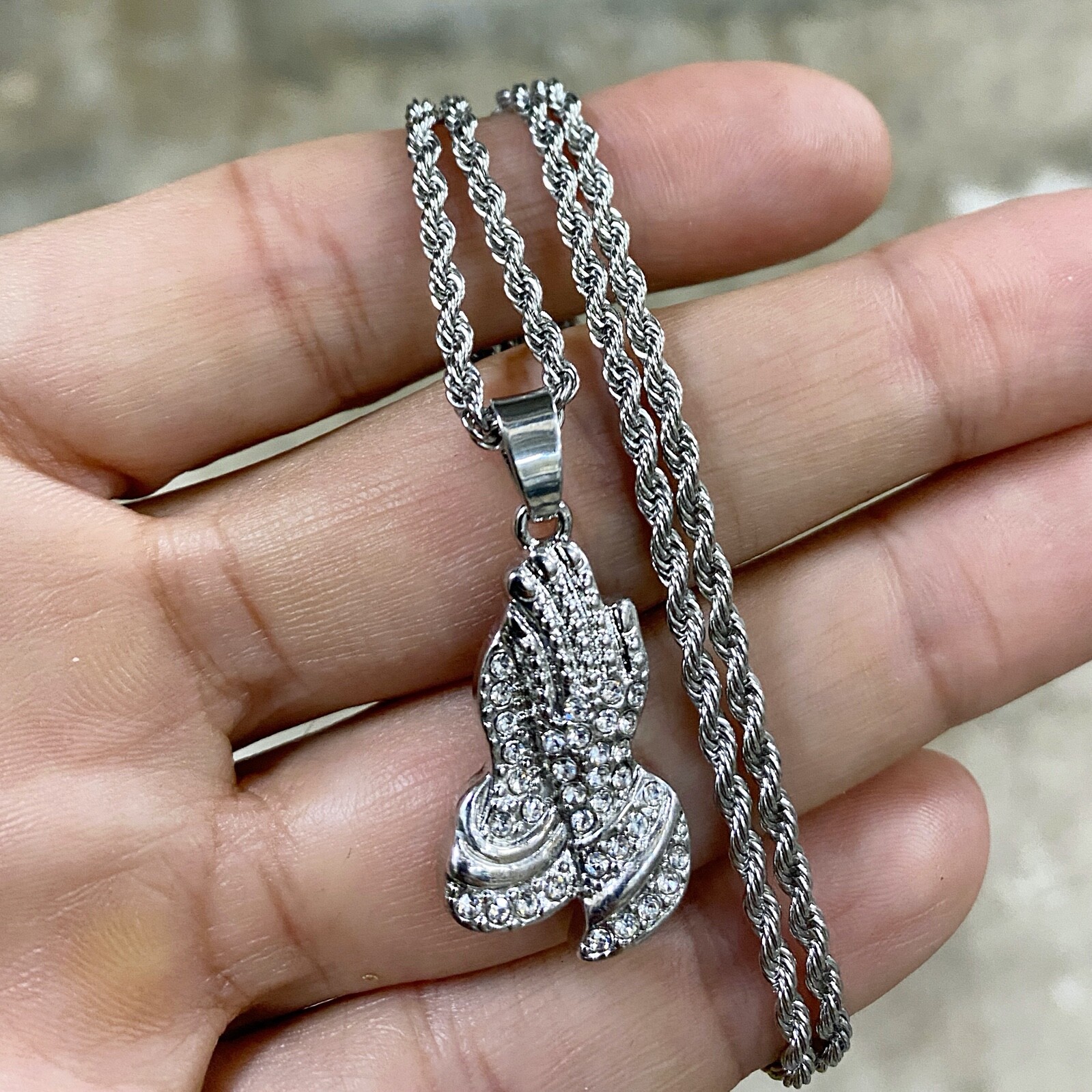 Praying Hands Micro Pray Pendant Iced Simulated CZ Silver Tone 24" Rope ...