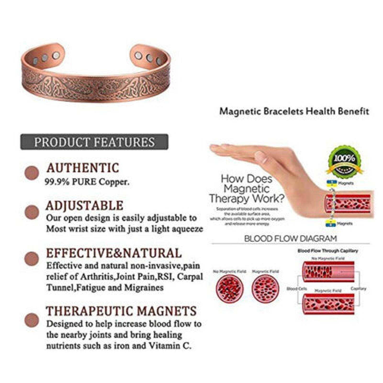 Copper Magnetic Bracelet Arthritis Pain Relief Bangle Healing Therapy ...