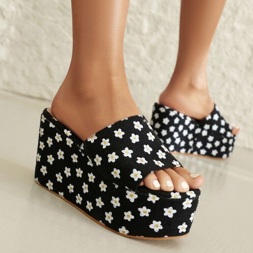 Women Platform Slippers High Heels Wedge Floral Sandals Slip On Summer ...