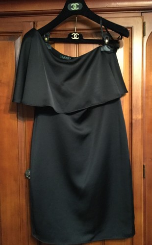 one shoulder RALPH LAUREN black satin DRESS capelet ruffle size 8 fully ...