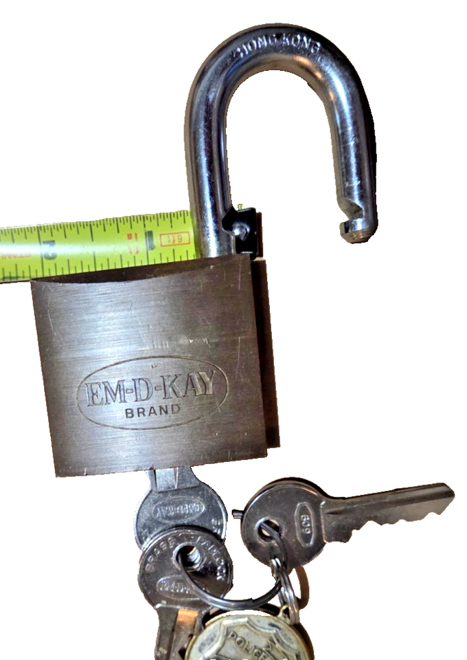 VINTAGE BRASS EM-D-KAY PADLOCK has 2" body with original brass key w/2 ...