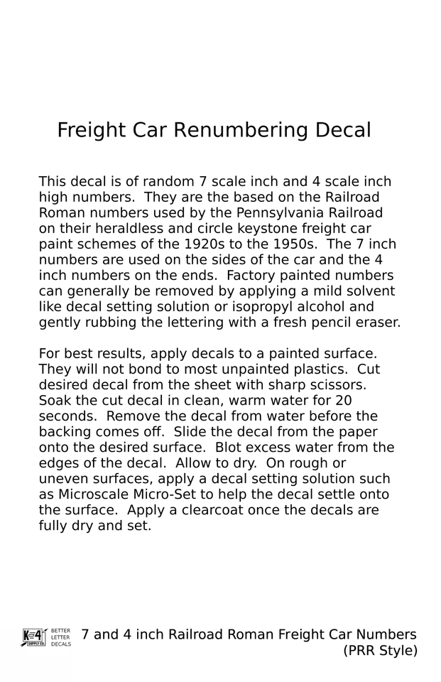 K4 HO Scale Decals PRR Pennsylvania Railroad Roman Freight Car Numbers ...