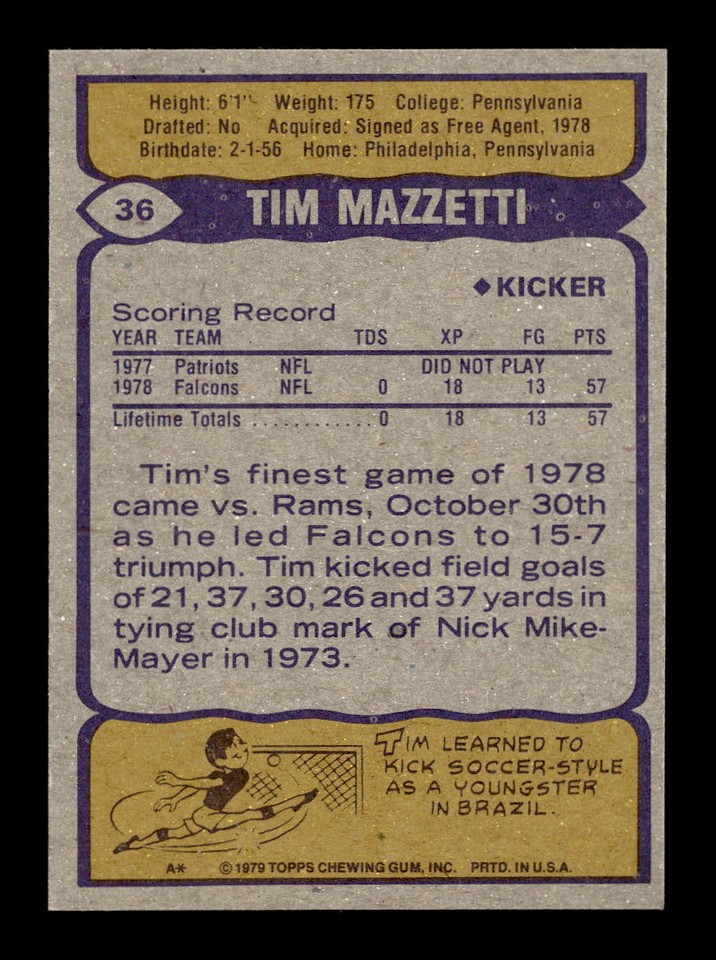 1979 Topps #36 Tim Mazzetti Atlanta Falcons Rookie RC EX Football Card ...