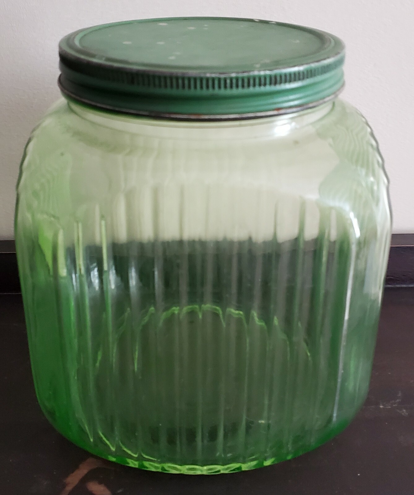 Depression Green Uranium Cookie Jar Ribbed Hoosier Anchor Hocking Glass ...