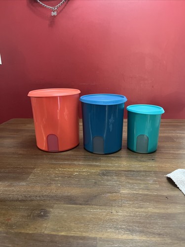 3pc set TUPPERWARE One-Touch Reminder Nesting Canisters w/Lids Multi ...