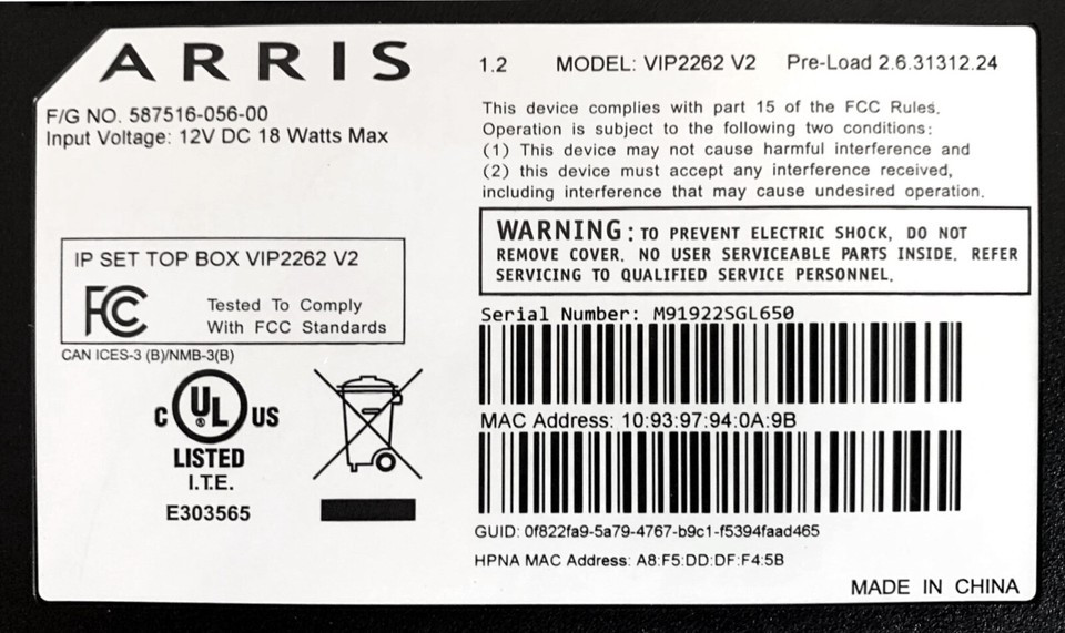 AT&T Uverse 500Hr DVRecorder, Arris VIP2262 V2 w/Remote & Pwr.Supply ...