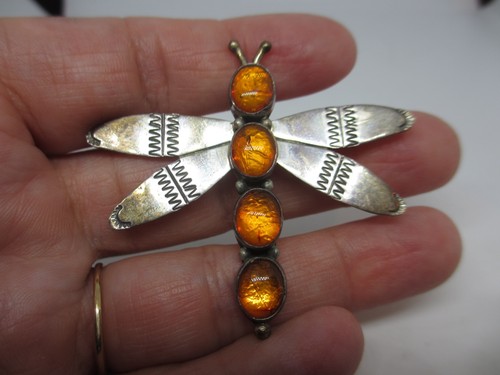 BEAUTIFUL VINTAGE LARGE NAVAJO STERLING & AMBER DRAGONFLY PIN/BROOCH-NO ...