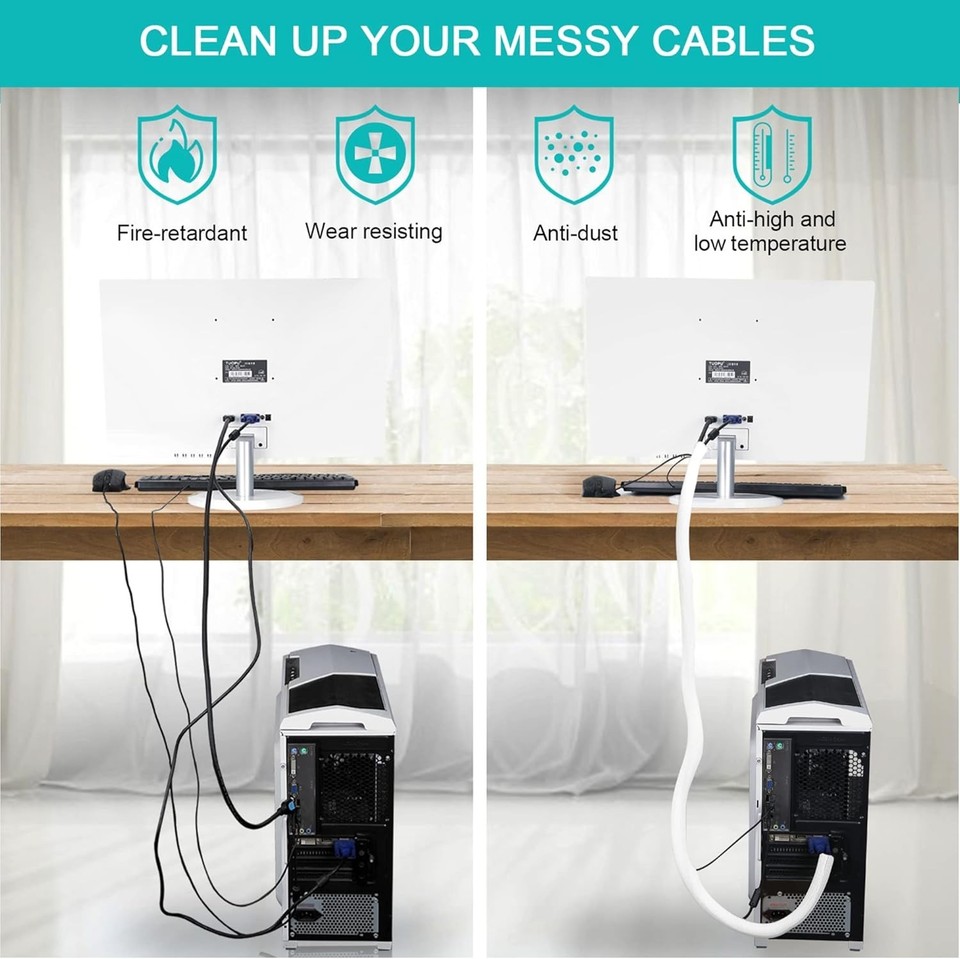 ZhiYo White Cable Sleeve, Cable Organizer for Desk PC TV Computer, Wire ...