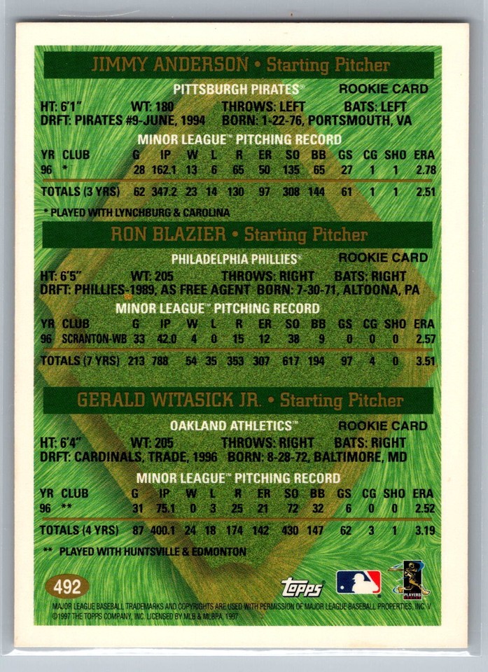 Jimmy Anderson/Ron Blazier/Gerald Witasick Jr. 1997 Topps Prospects ...