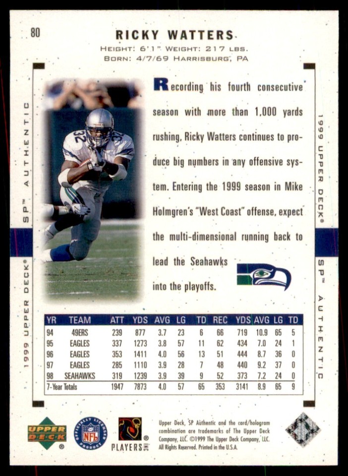 1999 SP AUTHENTIC RICKY WATTERS SEATTLE SEAHAWKS #80 | eBay