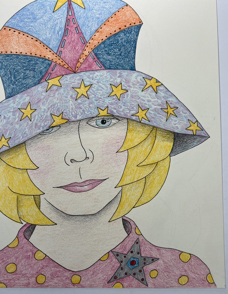 Women Fashion Drawing Folk Art Star Hat 14x11” Folksy Yellow Polka Dots ...
