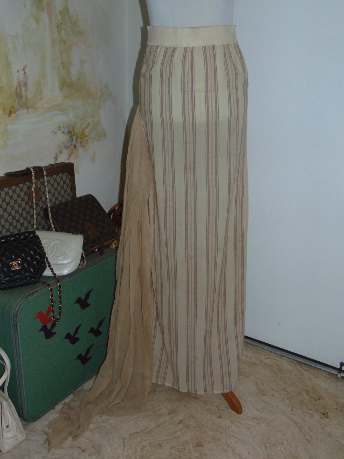 Rare Mimi Turner Beige Striped Maxi Skirt Side Layere… - Gem