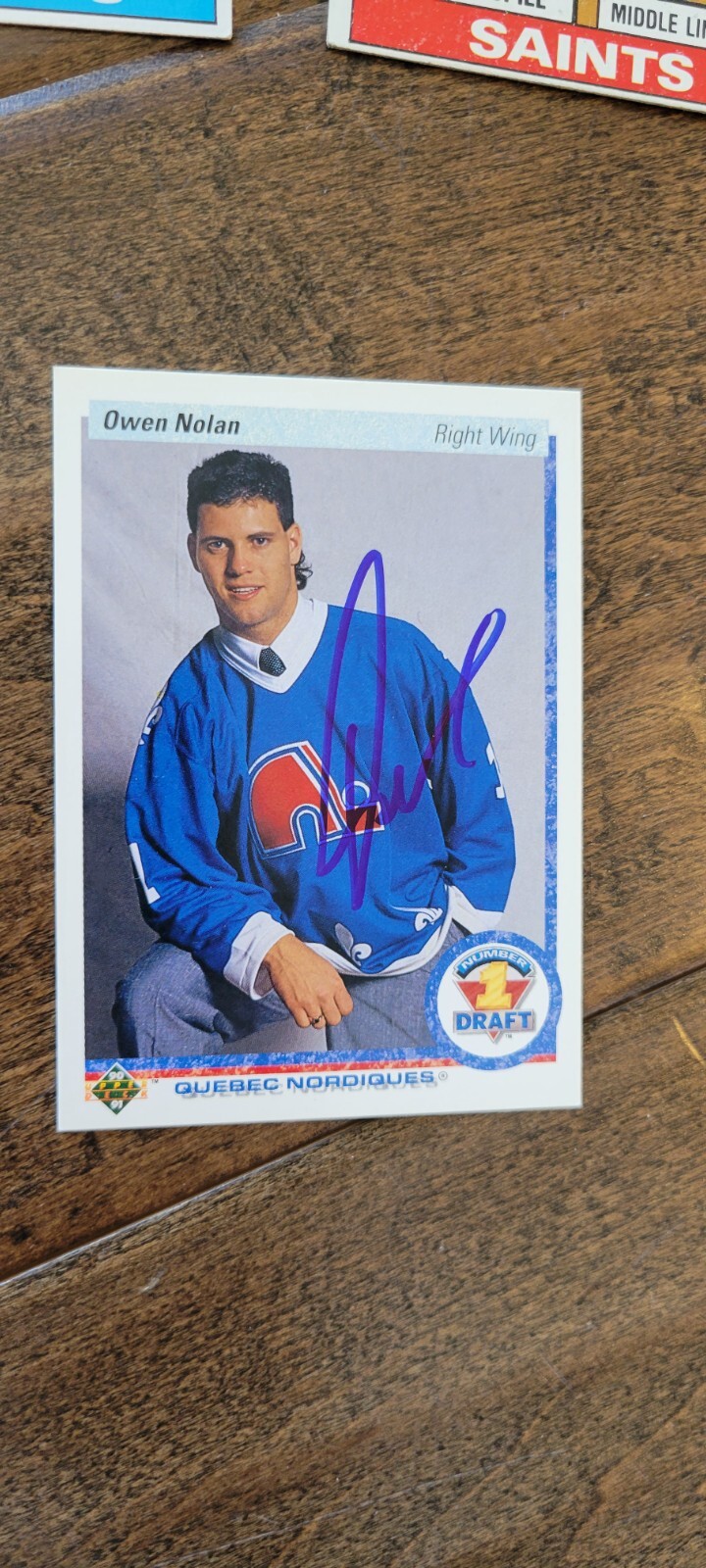 1990-91 UPPER DECK SIGNED ROOKIE CARD OWEN NOLAN NORDIQUES SHARKS LEAFS ...