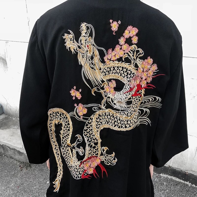 Men Women Kimono Jacket Yukata Tops Chinese Dragon Embroidery Coat ...