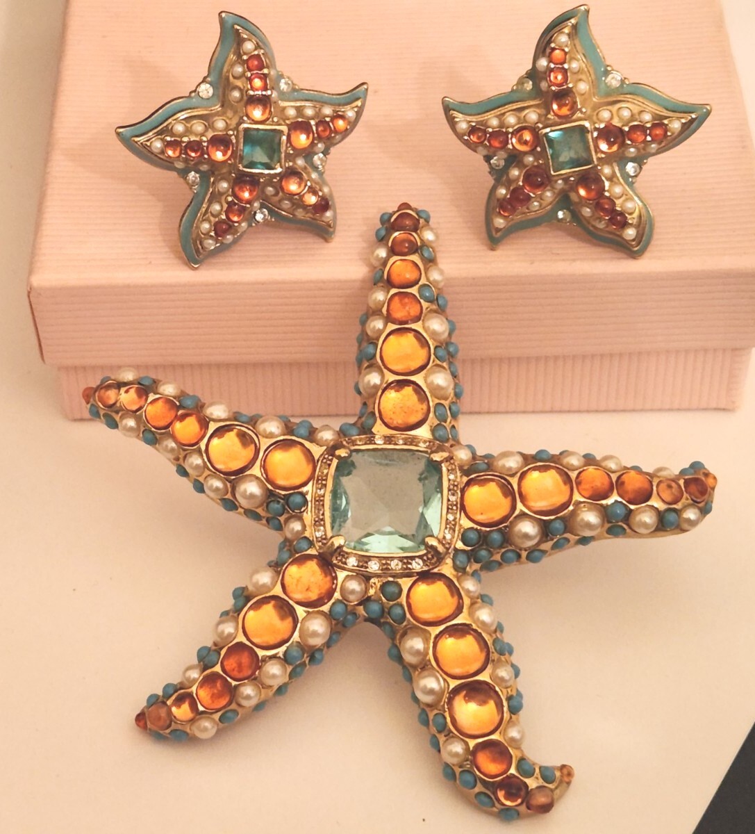 KENNETH JAY LANE KJL Starfish Pin Brooch + Clip On Earrings Set Gold ...