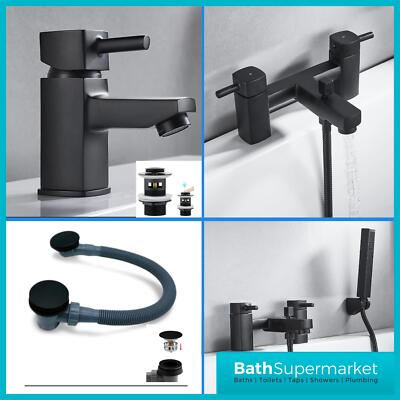 Bathroom Black Matt Basin Sink Bath Filler Lever Taps Square Wastes ...