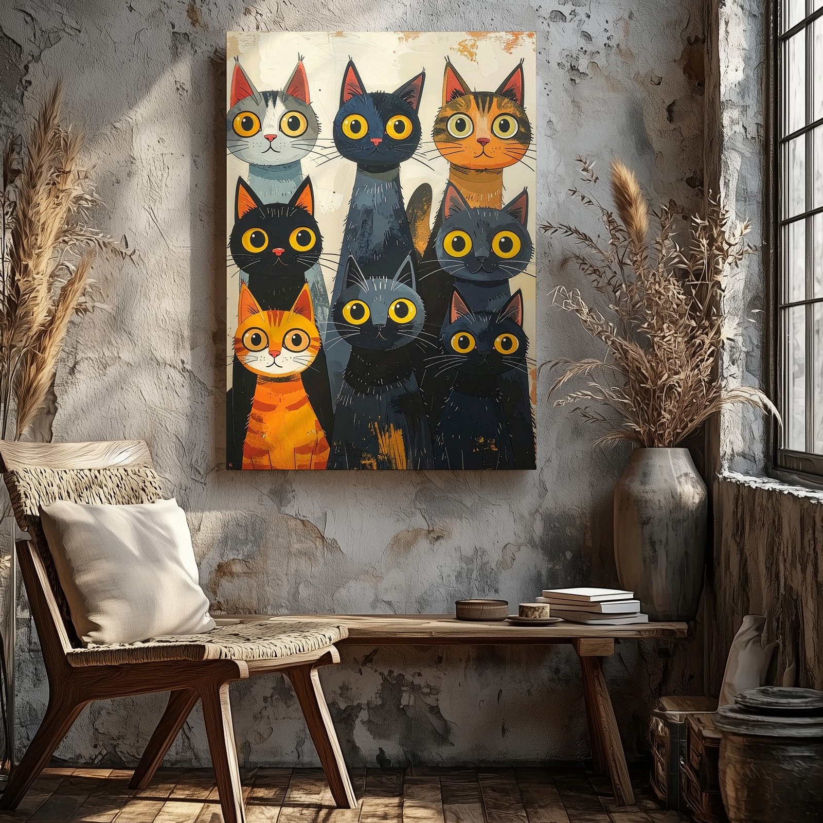 Curious Cat Assembly Canvas Whimsical Group Feline Wall Art Some ...