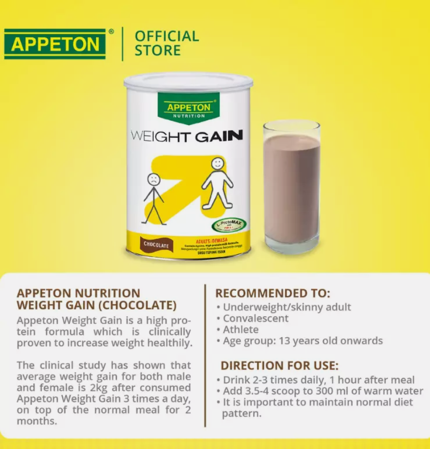 1 X APPETON Weight Gain for Adult High-Protein Chocolate 450g | eBay UK