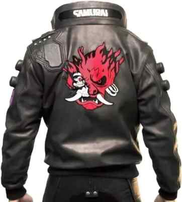 Men's Samurai Cyberpunk 2077 Bomber Black Leather Jacket Gaming Biker ...