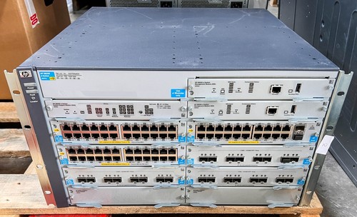 HP ProCurve E8206 POE+ Chassis w J9534A J9095A J8702A 3xJ9538A 2xJ9092A ...
