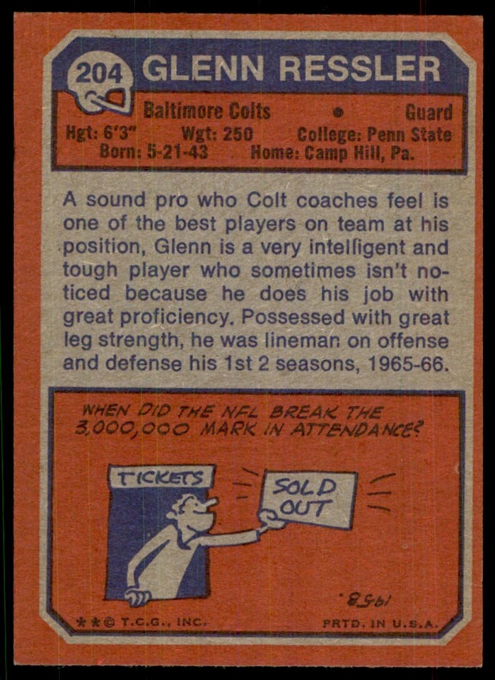 1973 TOPPS GLENN RESSLER BALTIMORE COLTS #204 | eBay