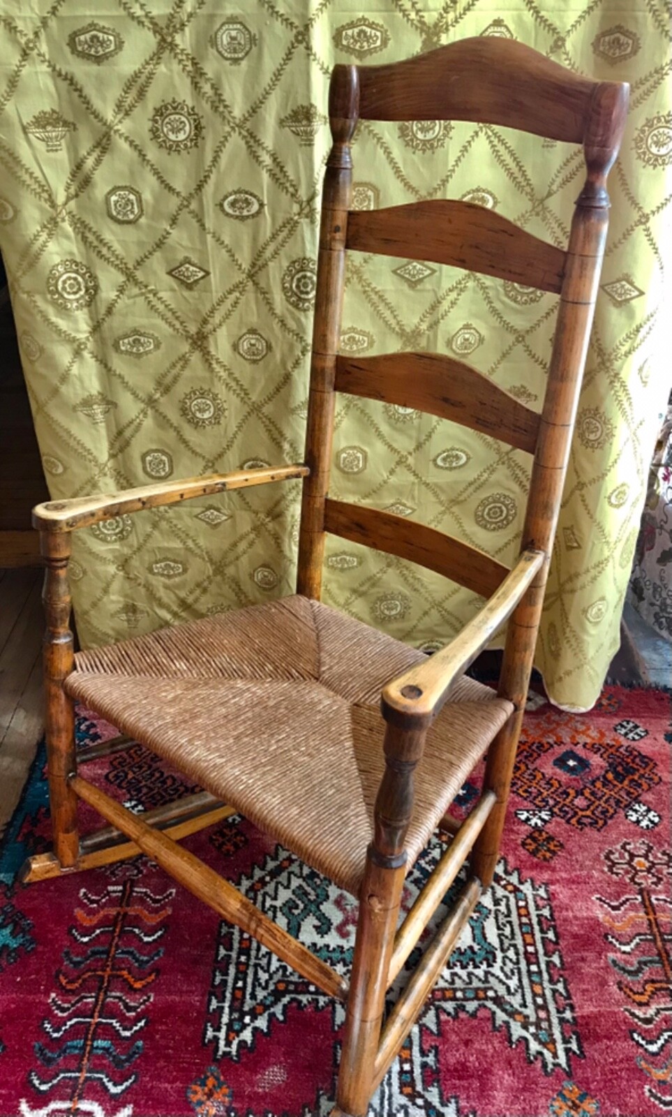 Early American Ladder Back Rush Seat Rocking Arm Chair ca 1800-1830 | eBay