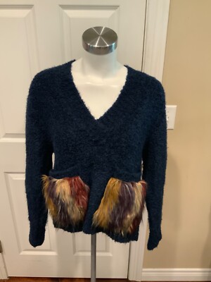 Zara Dark Blue Knit V-Neck Sweater Multicolor Faur Fur Trim Pockets ...