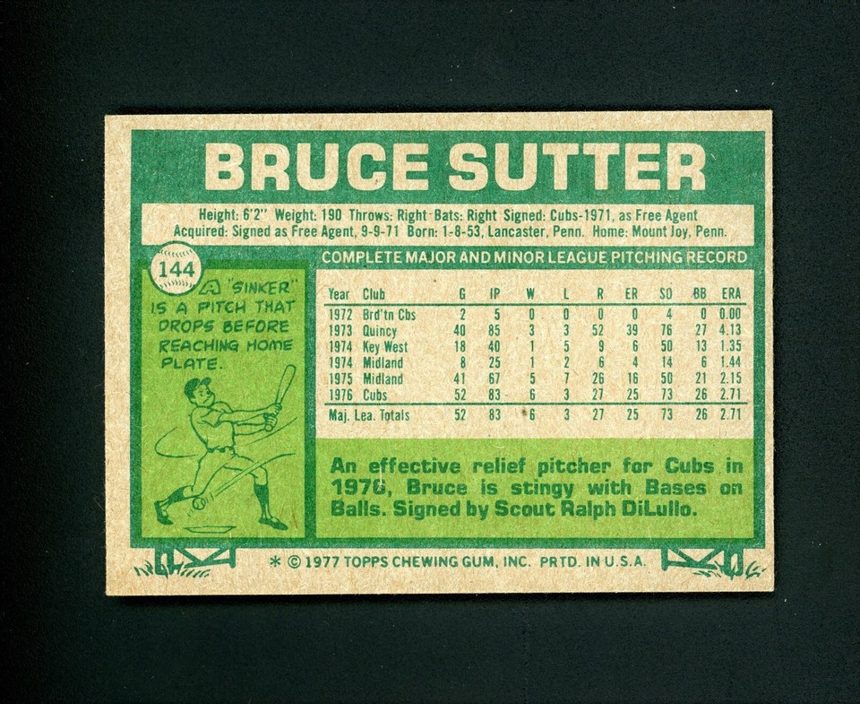 Bruce Sutter 1977 Topps RC (HOF) Chicago Cubs #144 NM-MT | eBay