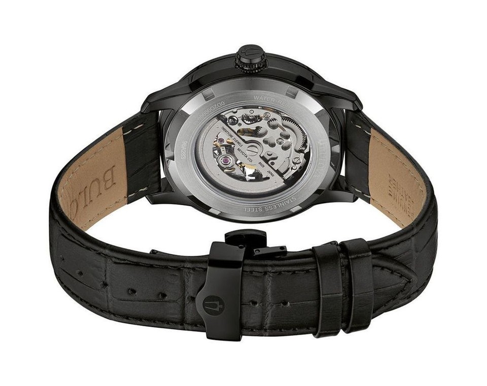 Bulova Sutton Skeleton Automatic Black Leather Band Men's Watch 98A283 ...