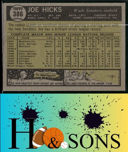 1961 Topps #386 Joe Hicks | eBay