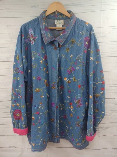 Quacker Factory Jean Jacket Plus 3X Denim Beaded Embroidery Floral ...