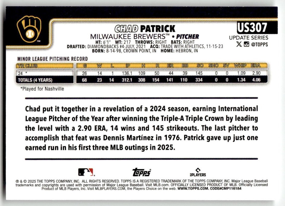 2025 Topps Update #US307 Chad Patrick Milwaukee Brewers RC Baseball ...