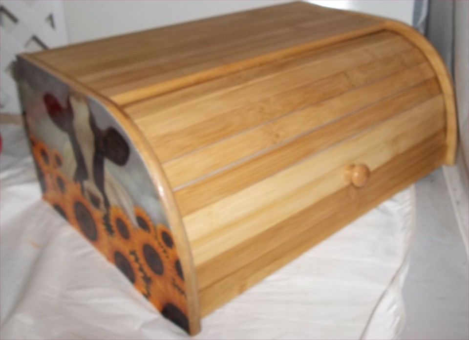 Bread Box Bamboo Wood Cow Sunflower Country Farm Kitchen Roll Top Lodge ...