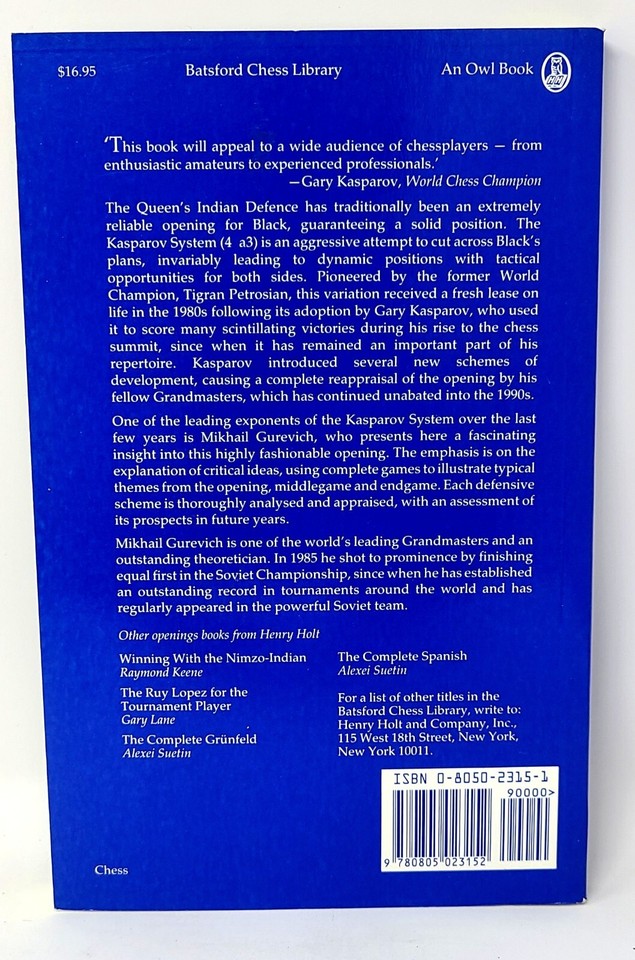QUEEN'S INDIAN DEFENCE Chess Book By Mikhail Gurevich 1992 ...