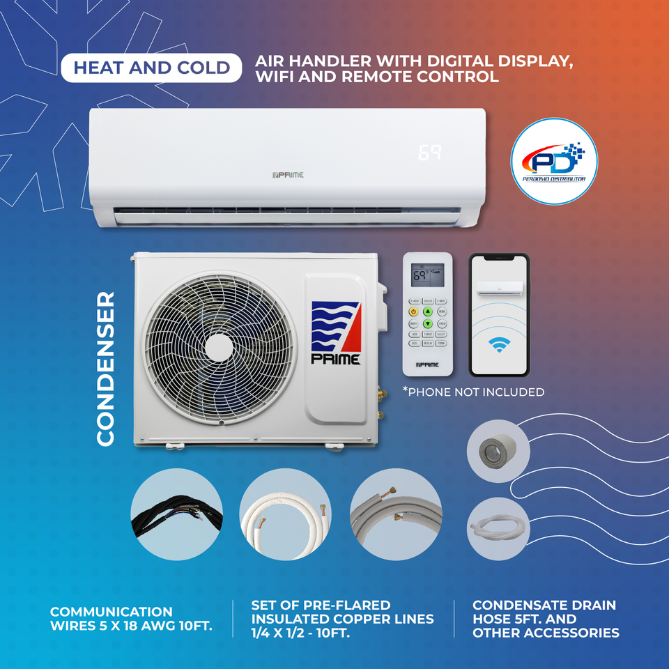 12000 BTU MINI SPLIT AC HEAT PUMP DUCTLESS PRIME WIFI 14 SEER 220V W ...