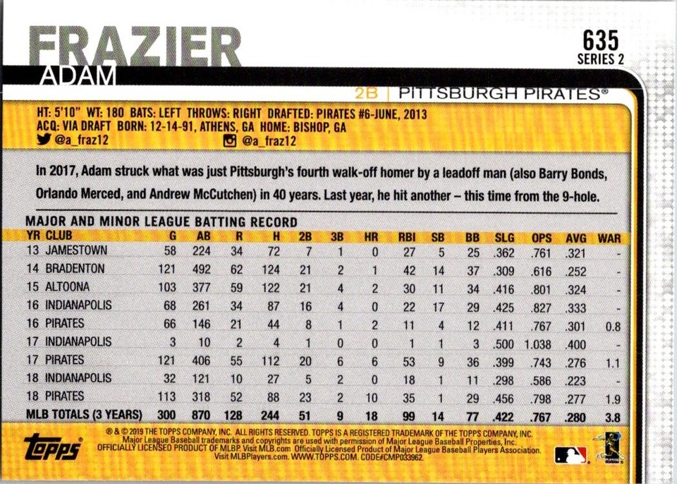2019 TOPPS SERIES 2 ADAM FRAZIER PITTSBURGH PIRATES #635 | eBay