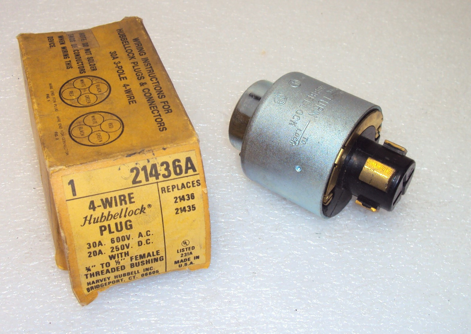 Hubbell 21436A Hubbellock Twist Lock 4-Wire Plug 30A @ 600VAC 20A ...