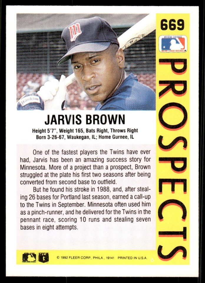 1992 Fleer Baseball Card Jarvis Brown Rookie Minnesota Twins #669 | eBay