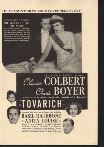1937 COLBERT BOYER MOVIE STAR COMEDY TOVARICH FILM RATHBONE LOUISE AD ...