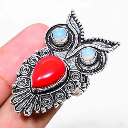 Italian Red Coral, Opal Gemstone 925 Sterling Silver Jewelry Ring Size ...