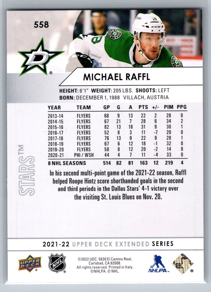 Michael Raffl 2021-22 Upper Deck HOCKEY #558 Dallas Stars | eBay