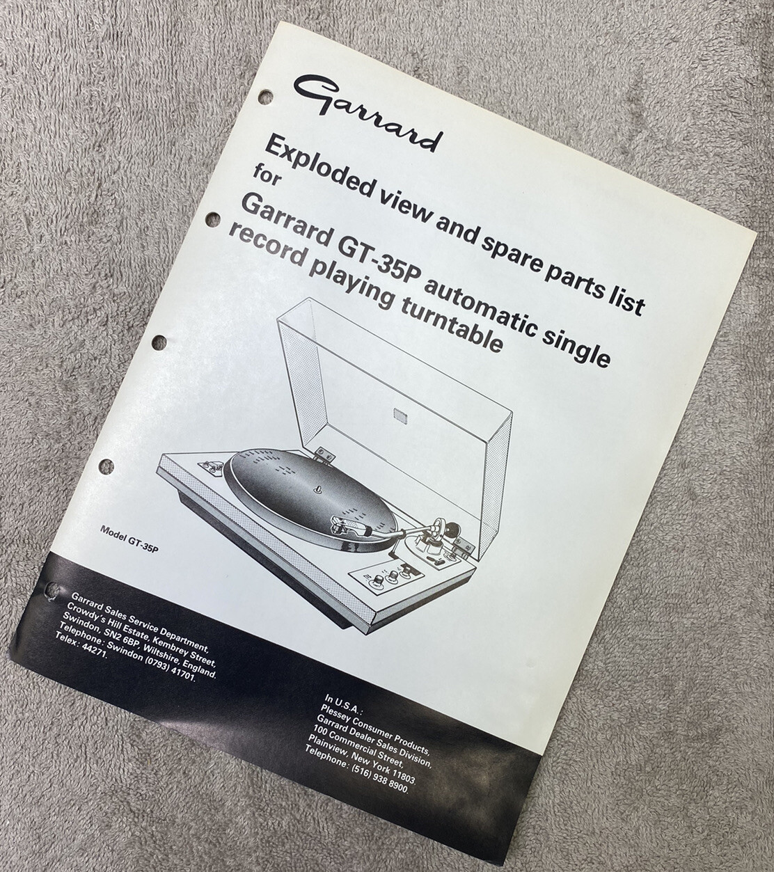 GARRARD SINGLE RECORD TURNTABLE GT-35P EXPLODED VIEW & SPARE PARTS LIST ...