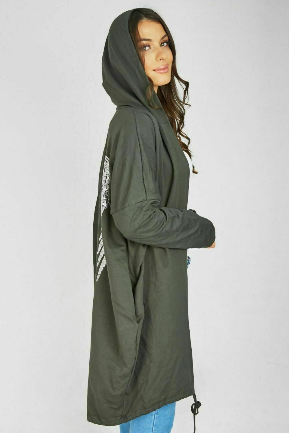 Ladies Sequin Angel Wings Back Over-sized Hoodie Womens Jacket Coat ...