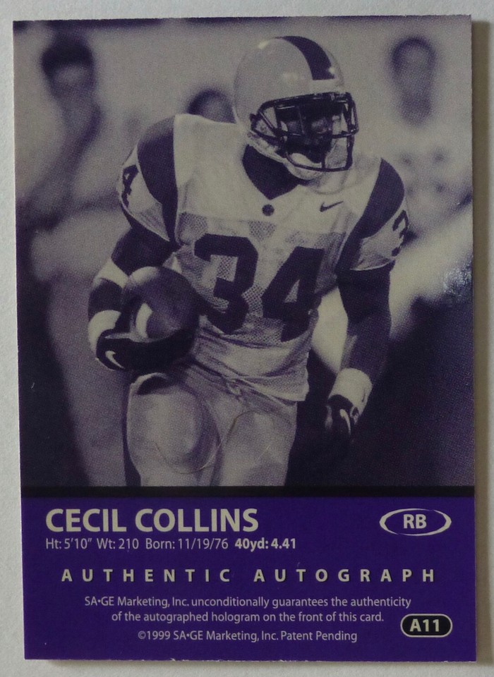 1999 SAGE FOOTBALL RED - AUTHENTIC AUTOGRAPH - CECIL COLLINS - CARD # ...