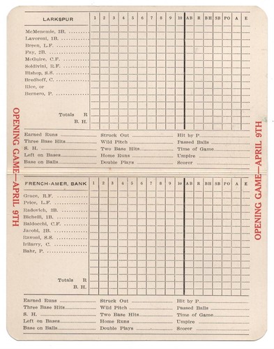 1915 Baseball Scorecard Larkspur Marin County CA vs French American ...